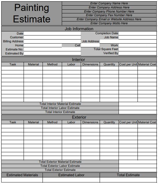 Free Painting Estimate Template Excel